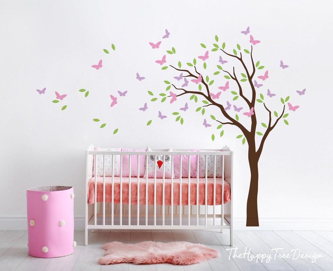 Pink Butterfly Tree Decal White Tree Mural Butterfly Wind Tree Design ...