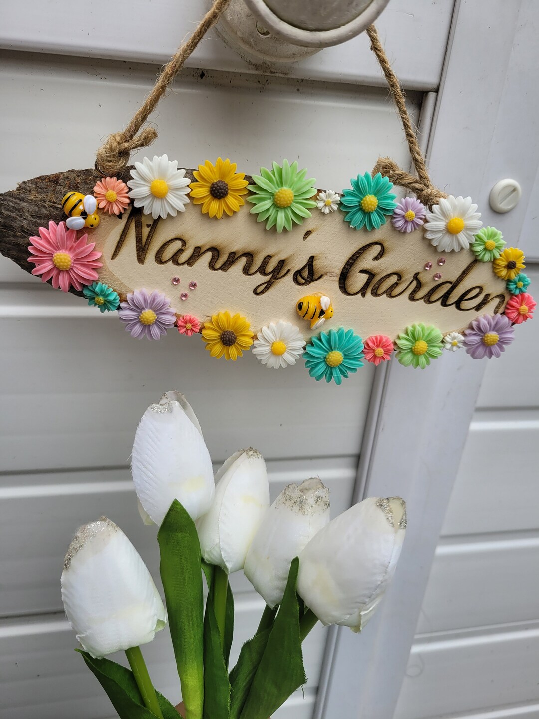 Personalised Wood Engraving, Garden Shed Floral Log, Hanging Wooden Log ...