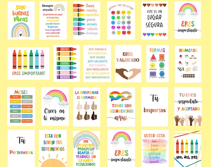 30 Spanish Classoom Posters, Rainbow Kit, Playroom Decor, Educational ...