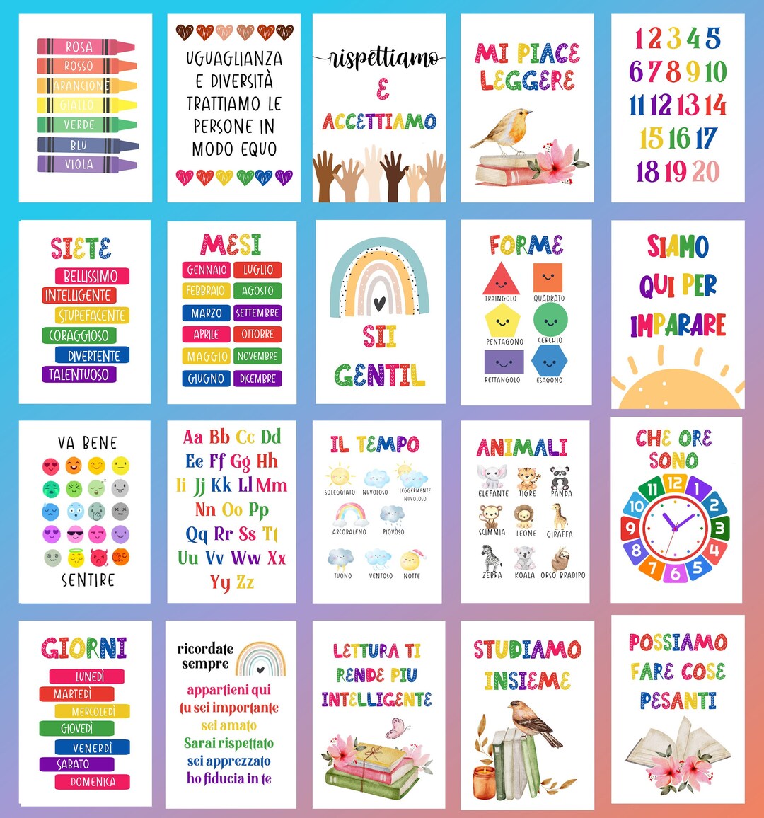 Set of 20 Italian Classroom Rainbow Prints Diversity Decor School Kid ...