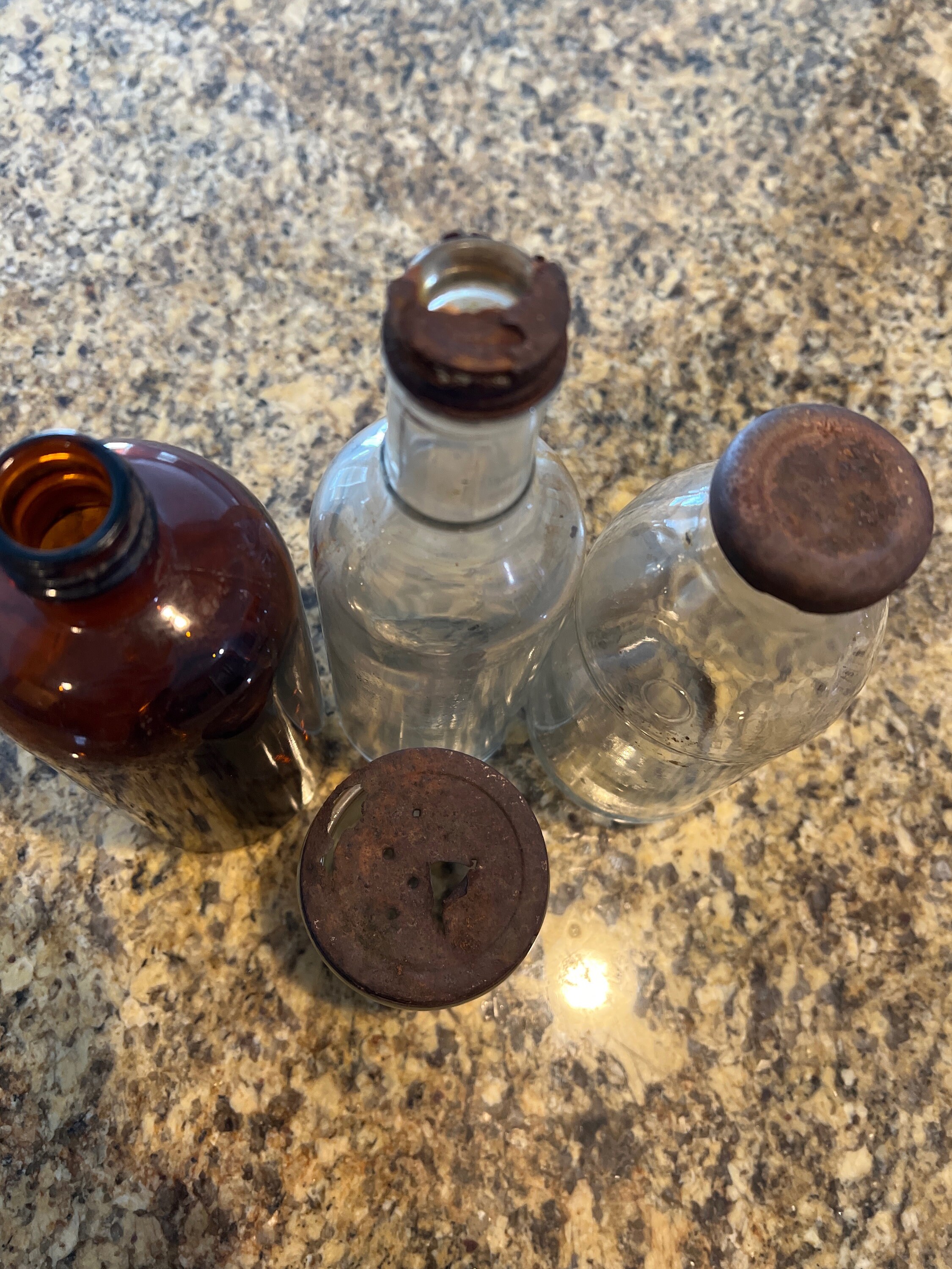 4 Vintage Glass Bottles W Rusty Metal Caps Amber Bottle, Old Bottles ...