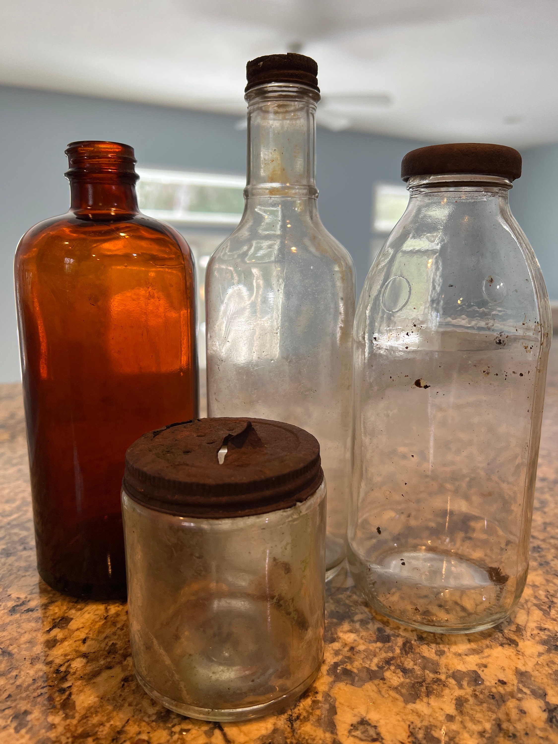 4 Vintage Glass Bottles W Rusty Metal Caps Amber Bottle, Old Bottles ...