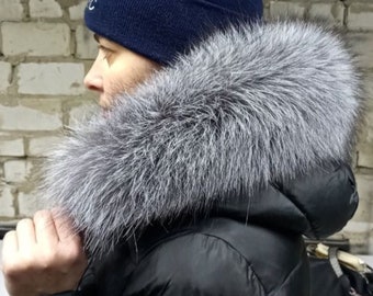 BY ORDER 60cm Real Silver Fox Fur Trim Hood, Fur Collar Trim, Fox Fur ...