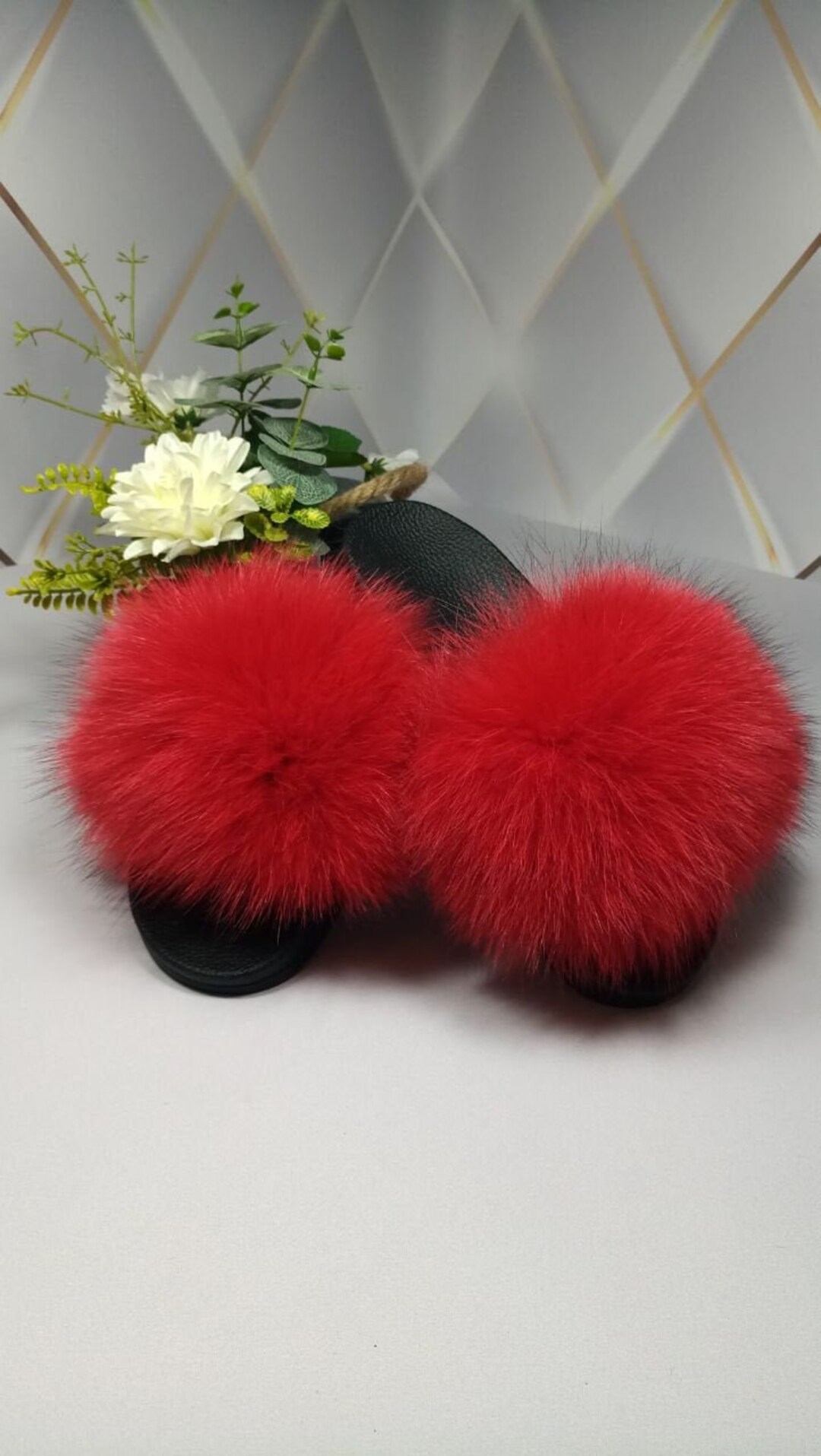 READY to SHIP, Size 9 Red Real Fox Fur Sandals Women Girl Beach Large ...