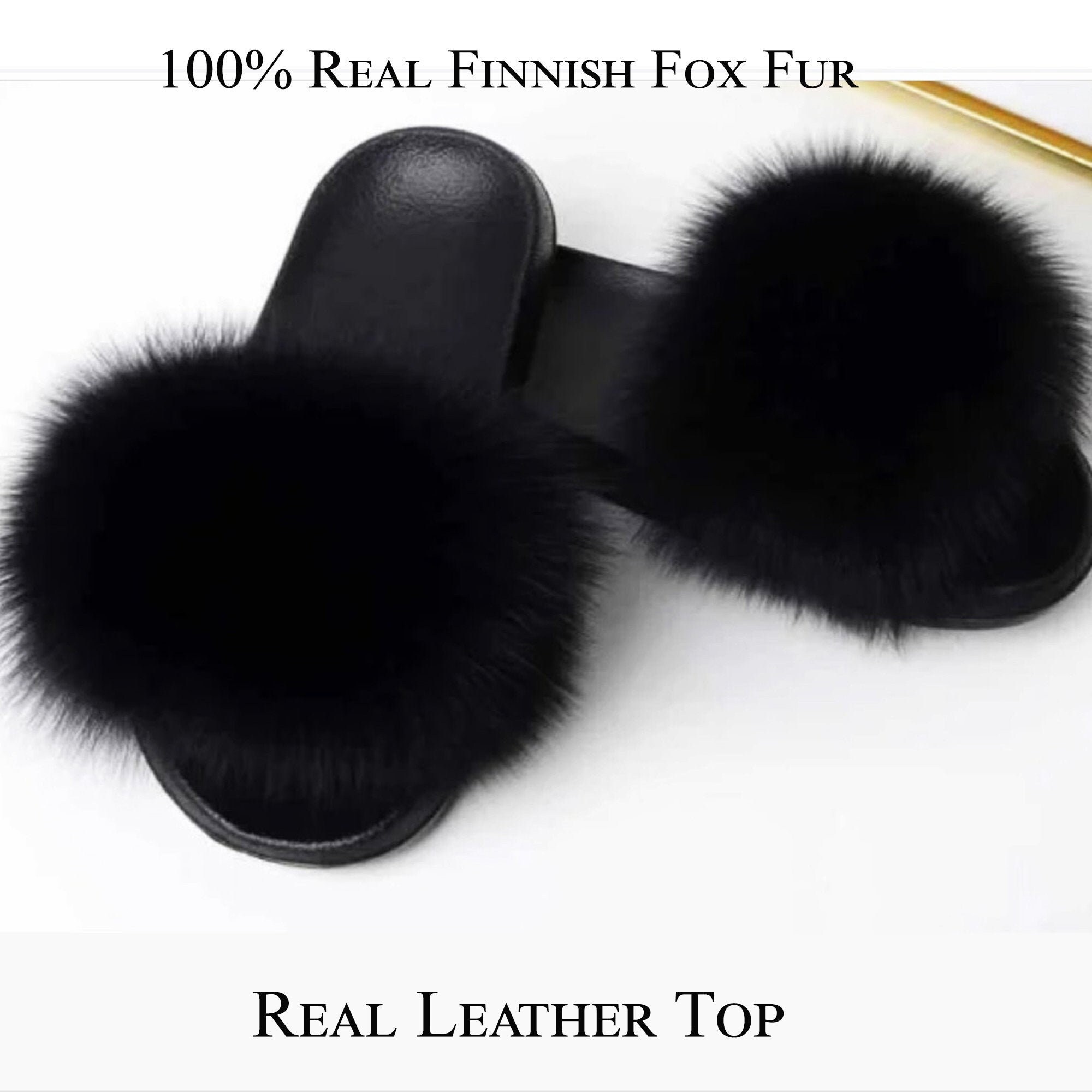 BY ORDER Black Real Fox Fur Slippers Women Girl Beach Large | Etsy