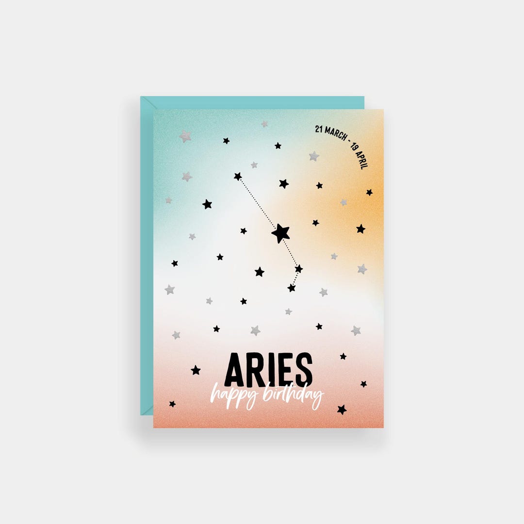 Aries Birthday Card, Zodiac Cards, Star Sign Constellation, Silver Foil ...
