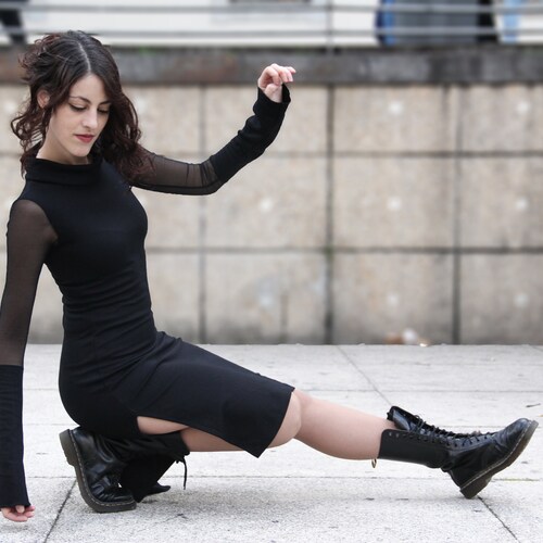 Gothic Punk Black Dress. Long Sleeve Tunic Dress. Black Midi - Etsy