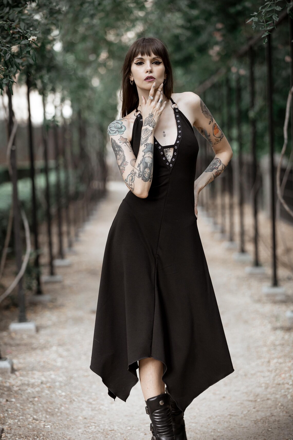 Black V-neck Maxi Open Back Dress. Dark Boho Witch Halter Dress. Goth ...