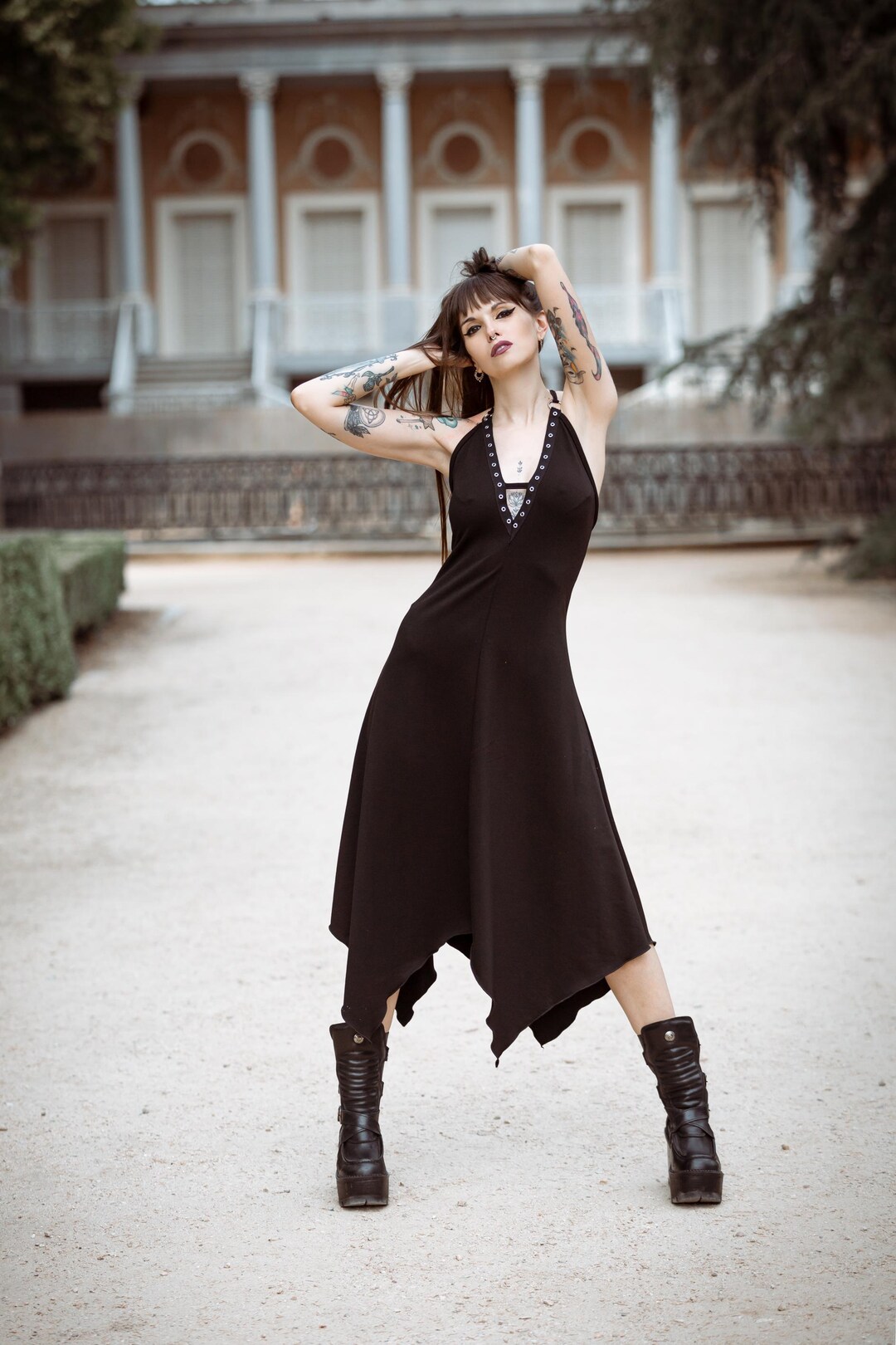 Black V-neck Maxi Open Back Dress. Dark Boho Witch Halter Dress. Goth ...