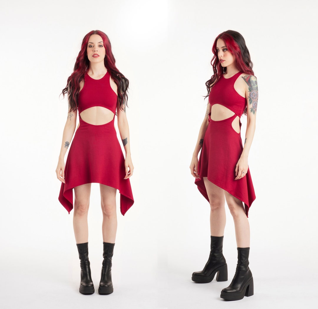 Red Asymmetric Sleeveless Summer Dress. Festival Dress. Festival Clothing. Pixie Dress. Edgy Red ...