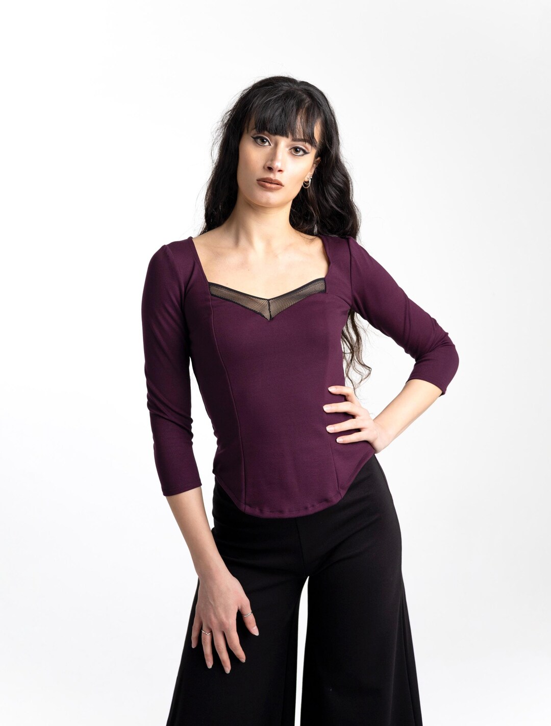 Plum Square Neck Blouse, Women's Elegant Coset Top, Extra 3/4 Sleeve ...