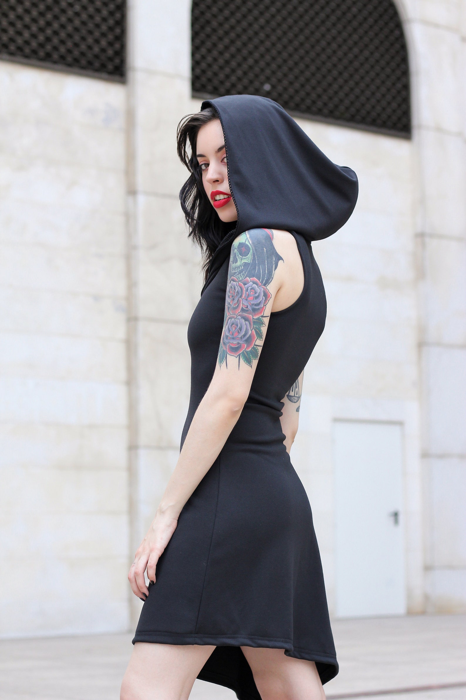 Hooded Black Dress. Goth Hooded Sleeveless Dress. Steampunk Hooded ...
