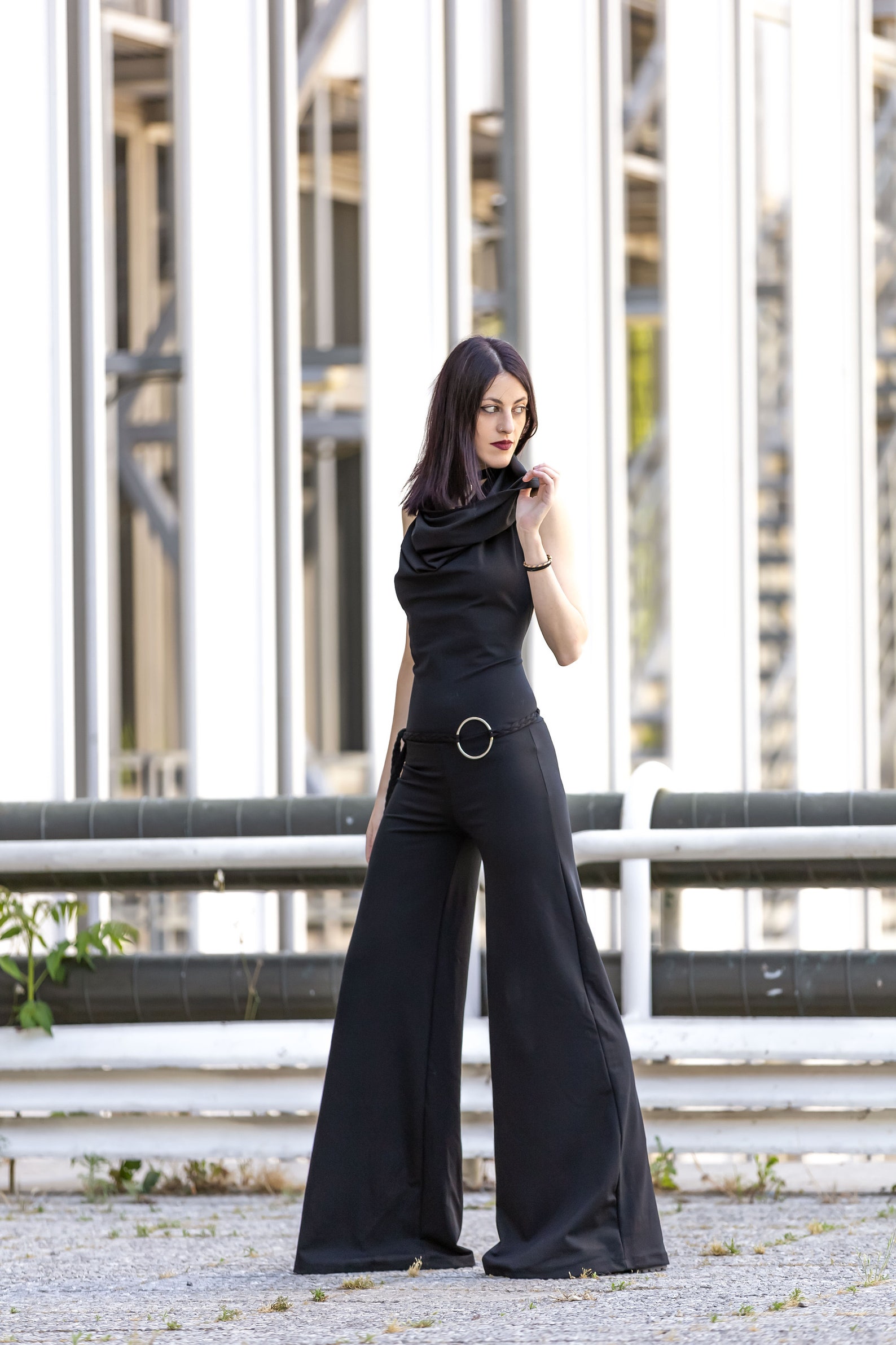 Open Back Black Jumpsuit Goth Wide Leg Romper Yoga Romper - Etsy