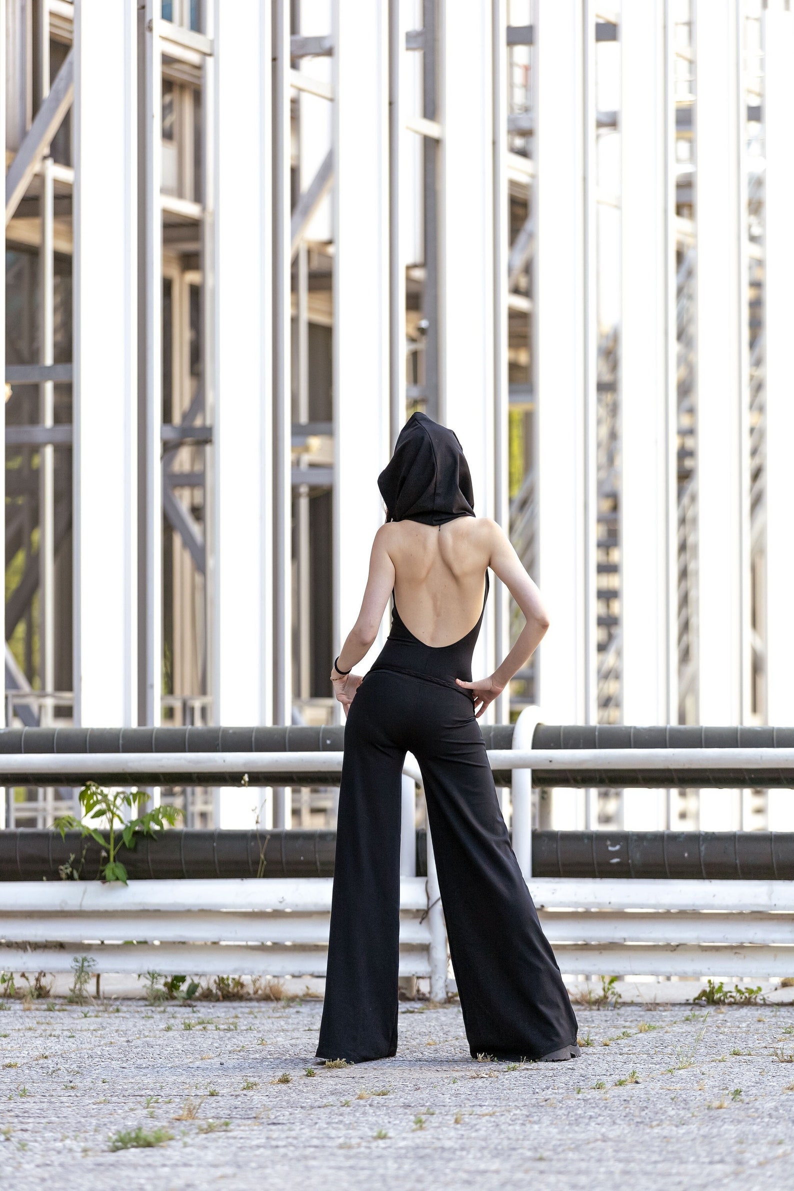 Open Back Black Jumpsuit Goth Wide Leg Romper Yoga Romper - Etsy