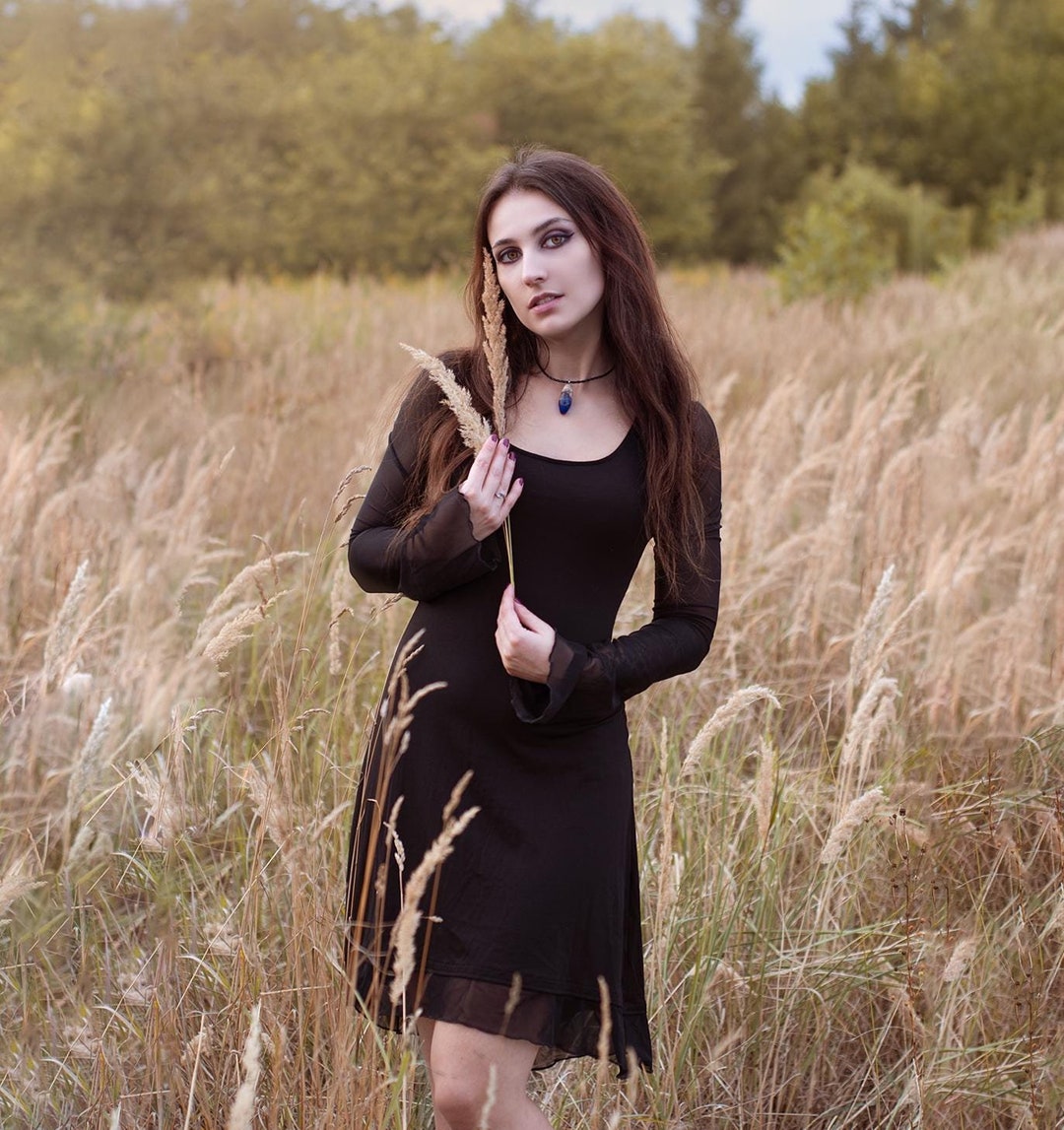 Black Cottage Core Dress. Gothic Dress. Long Sleeve Mesh Dress. Elven ...