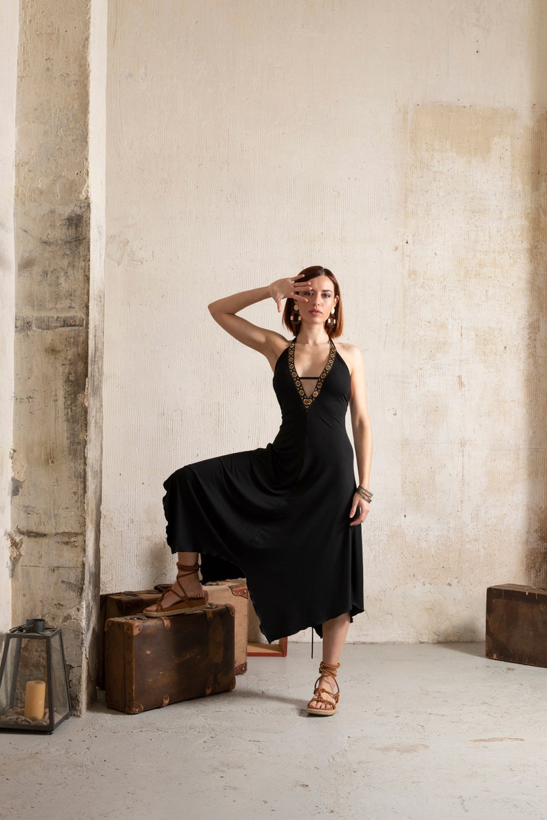 Black Halter Boho Dress. Long Bohemian Dress. Wine Long Dress. - Etsy