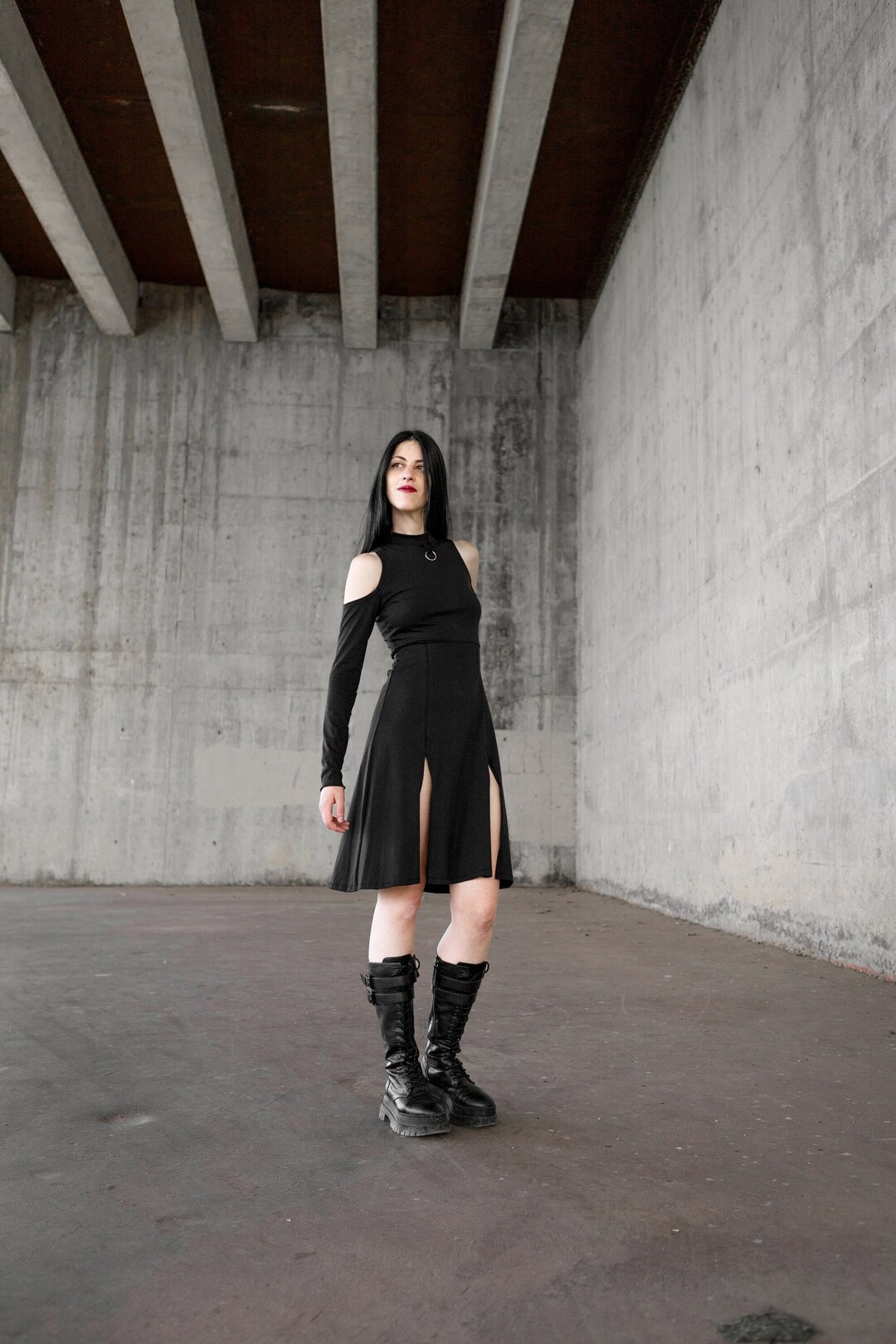 Off Shoulder Sleeve Gothic Dress. Double Split Goth Tunic Dress ...