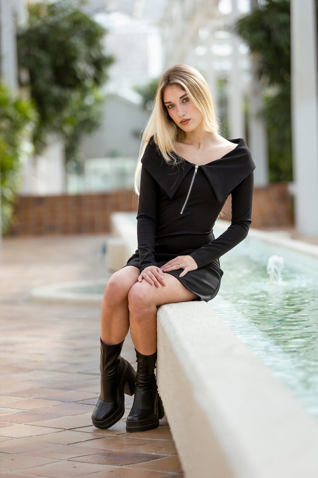 Flap Collar Long Sleeve Black Dress. Off-the-shoulder V-neck Top Framed ...