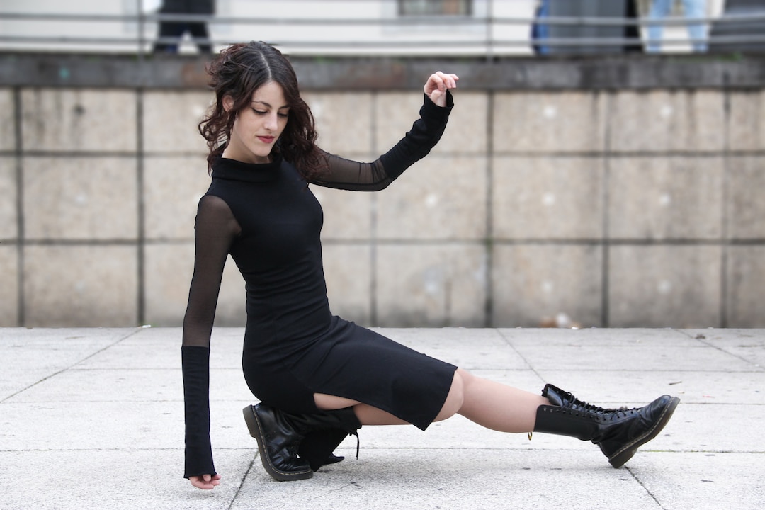 Gothic Punk Black Dress. Long Sleeve Tunic Dress. Black Midi Sleeve ...