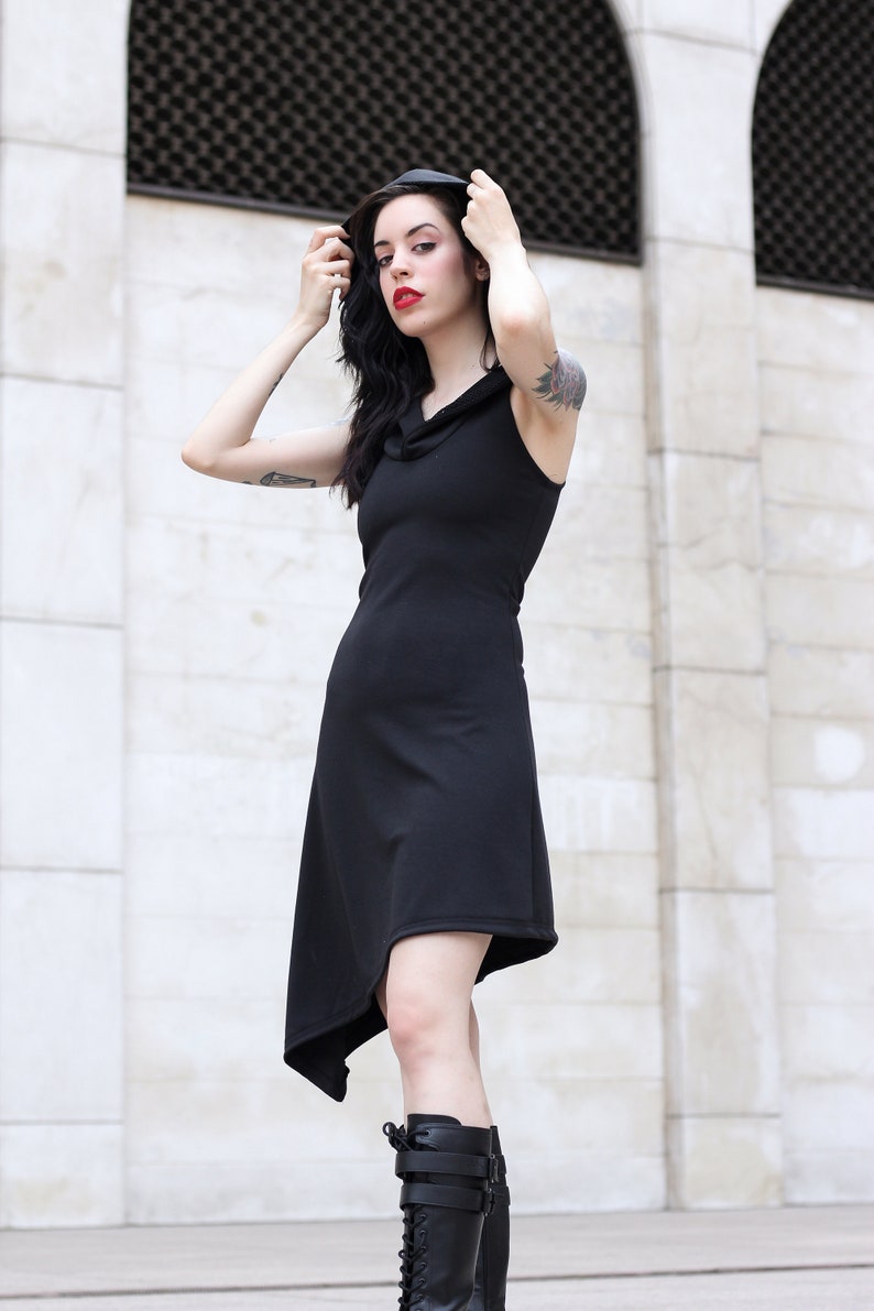 Hooded Black Dress. Goth Hooded Sleeveless Dress. Steampunk Hooded ...