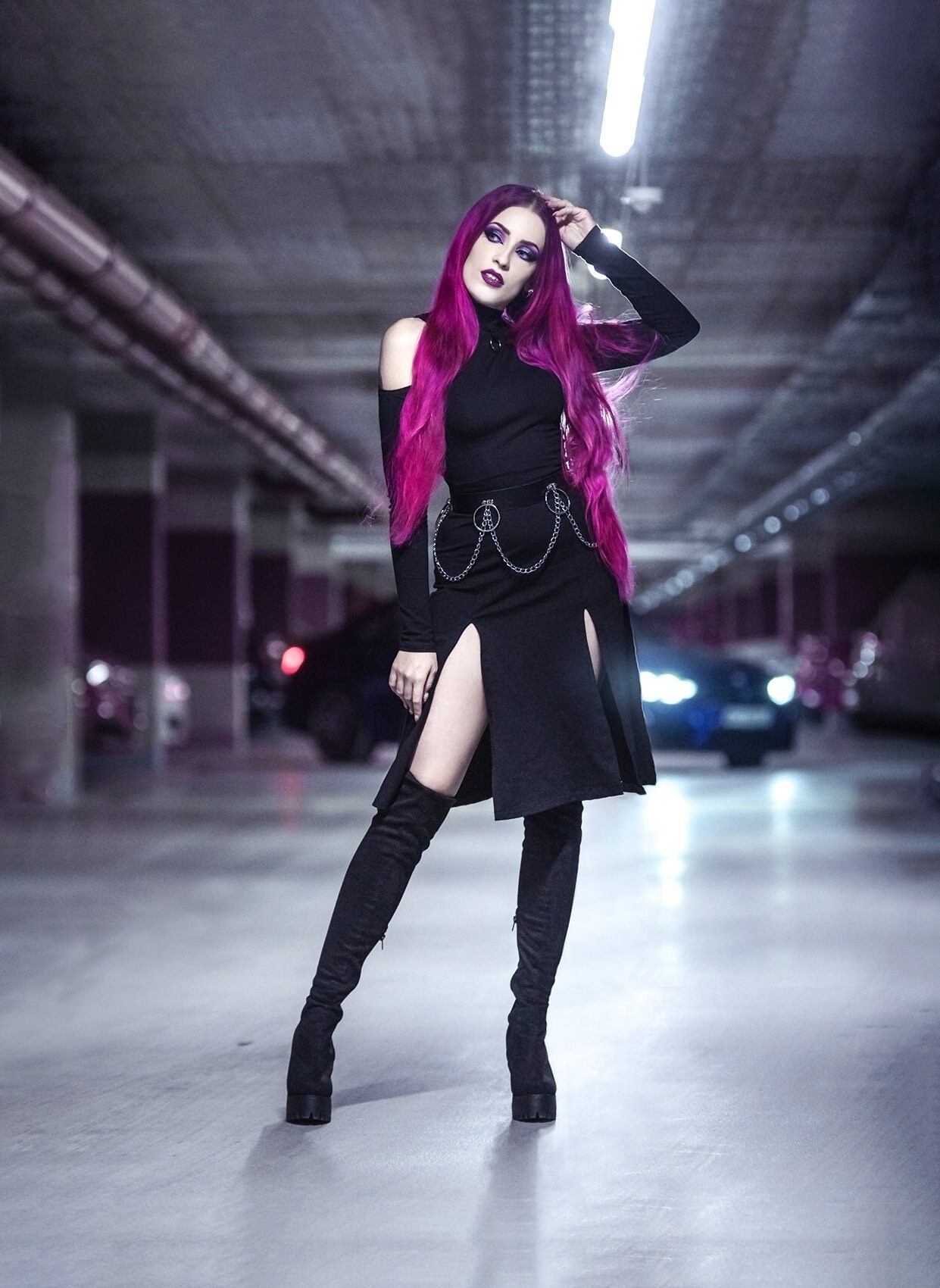 Off shoulder sleeve gothic dress. Double split goth tunic dress ...