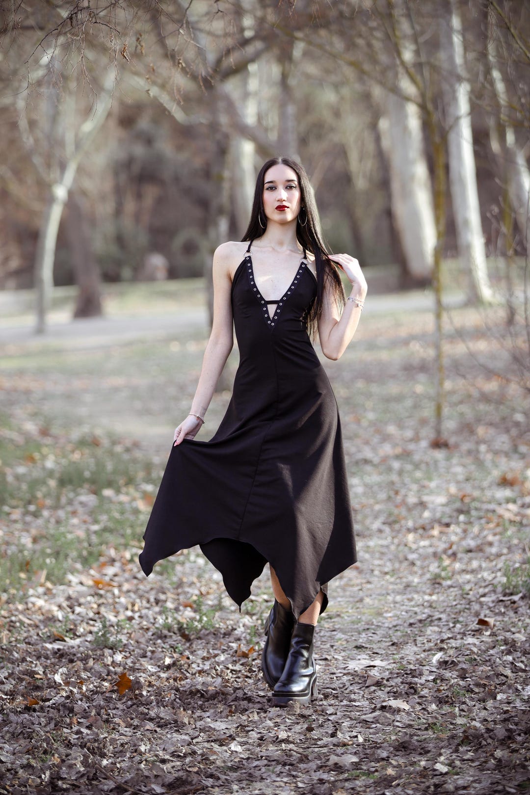 Black V-neck Maxi Asymmetric Dress. Dark Boho Dress. Goth Dress. Fairy ...