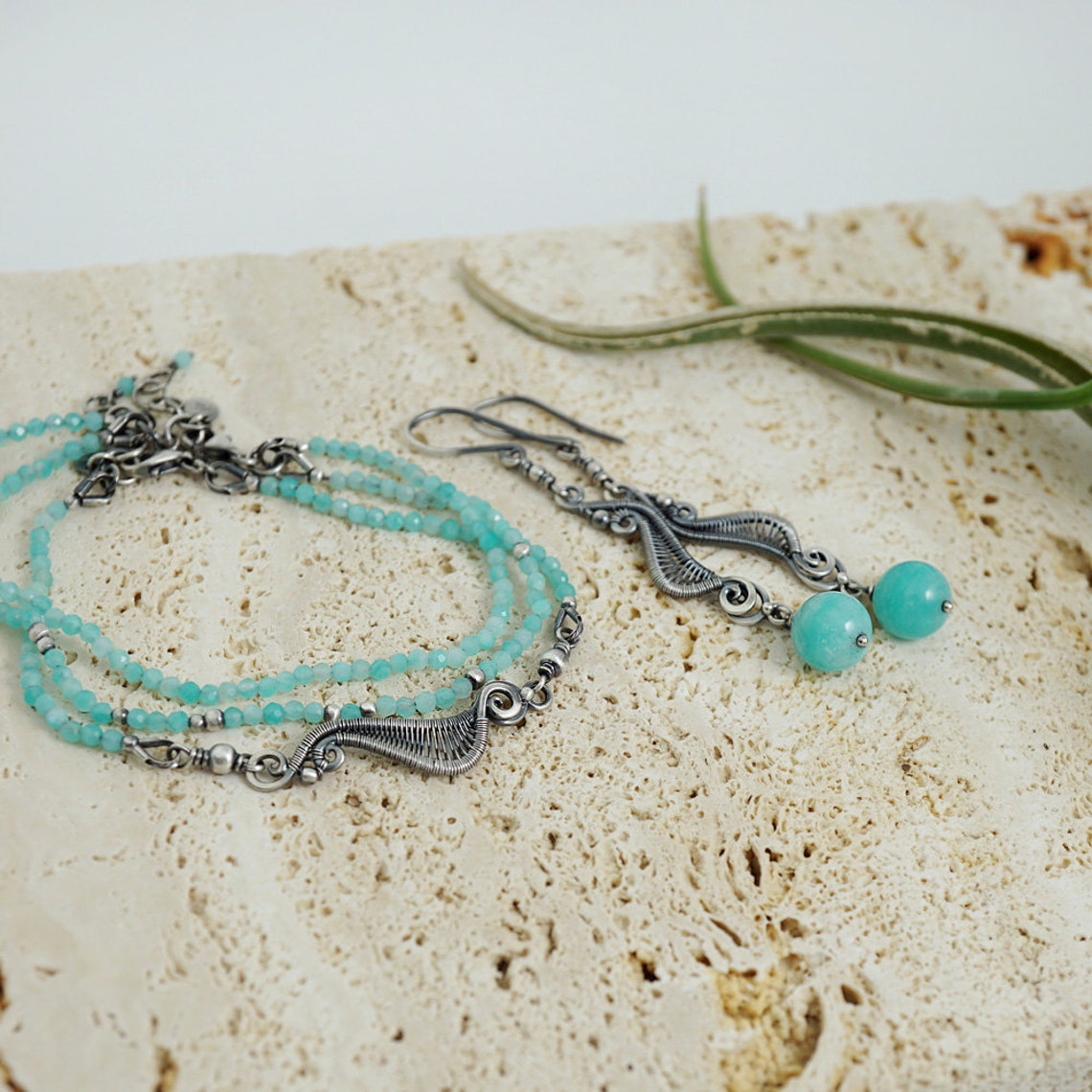 Blue Water Set Of Silver Bracelets With Wave Motif And Blue Etsy