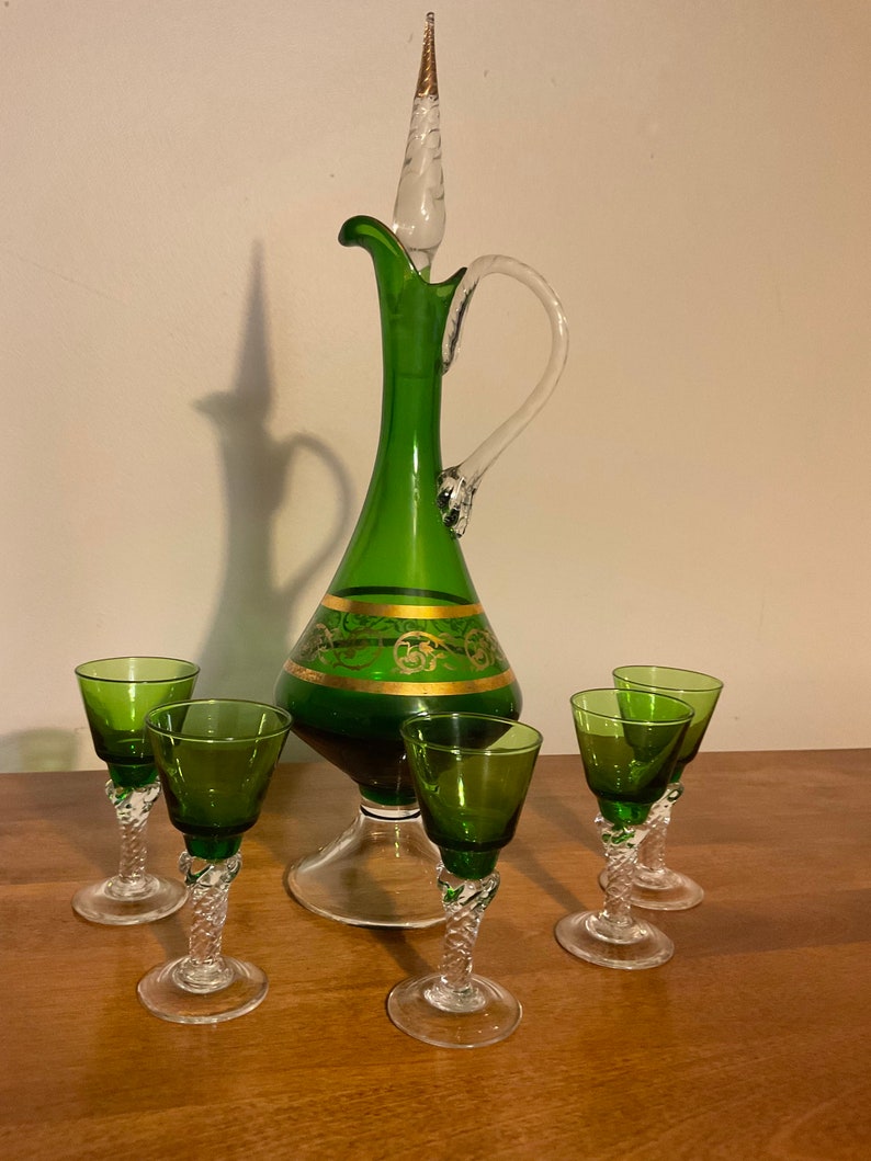 Vintage Italian Blown Glass Decanter & Cordial Glass Set Emerald Green ...