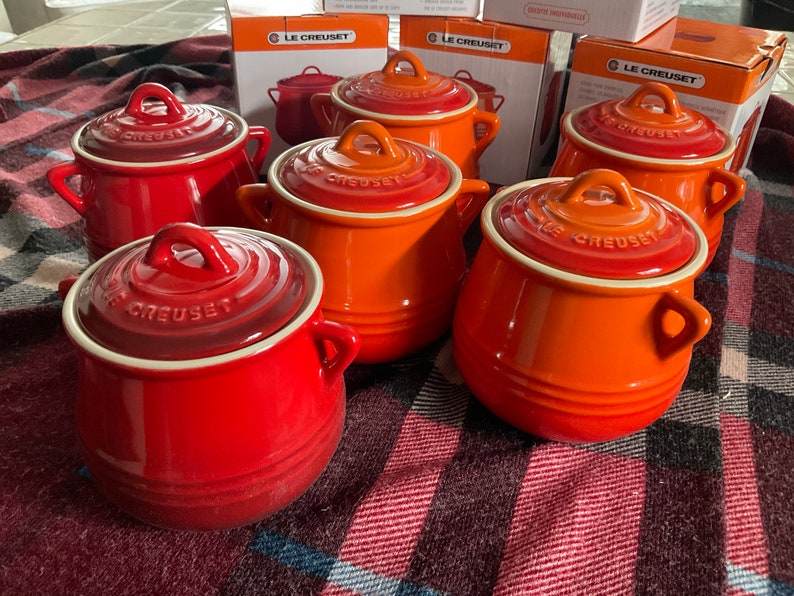 Set of Six New LE CREUSET Mini Bean Pot 20 Oz. With Lid Red Orange ...