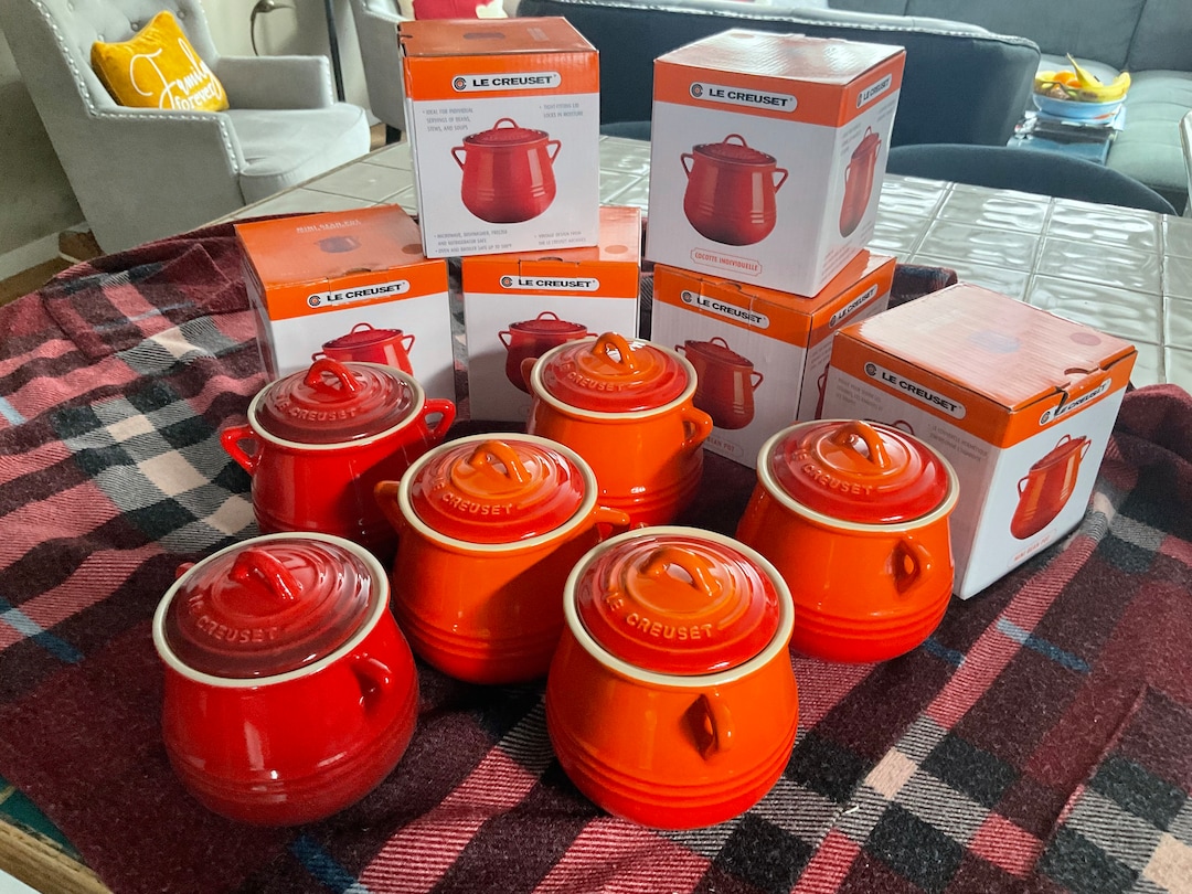Set of Six New LE CREUSET Mini Bean Pot 20 Oz. With Lid * Red * Orange ...