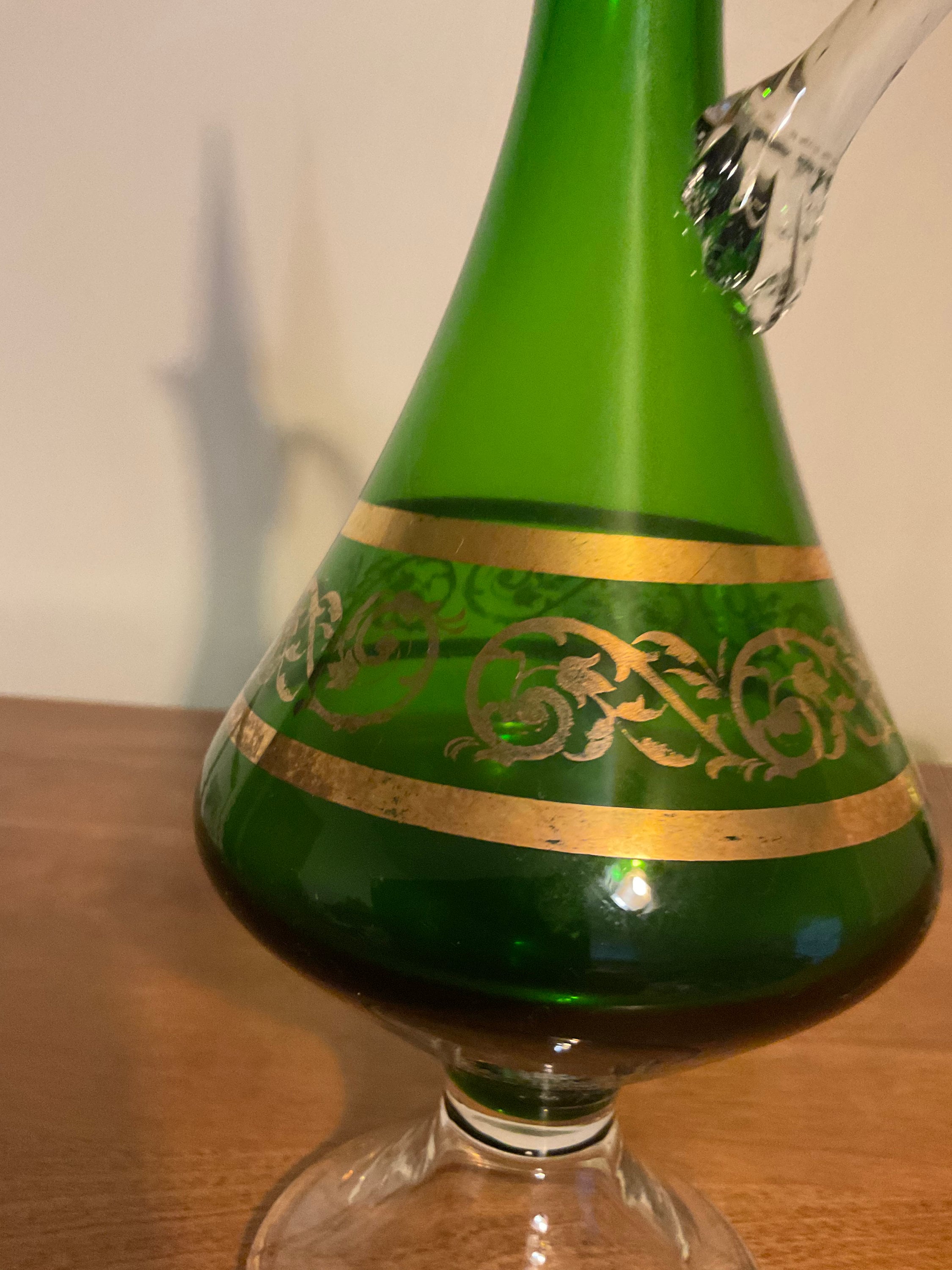 Vintage Italian Blown Glass Decanter & Cordial Glass Set Emerald Green ...