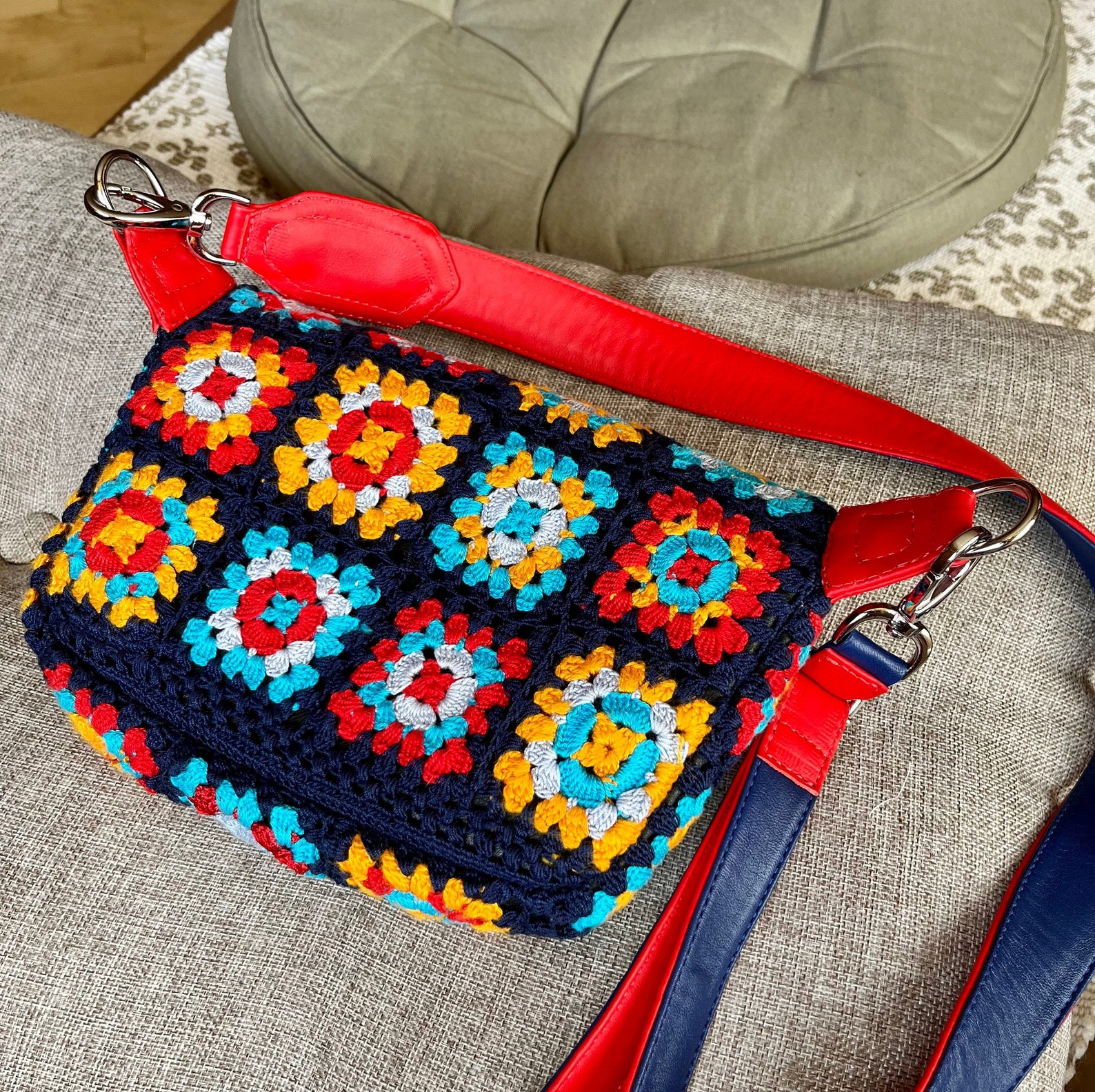 Granny Square Crochet Fanny Pack, Leather Body, Colorful Cotton Yarn - Etsy