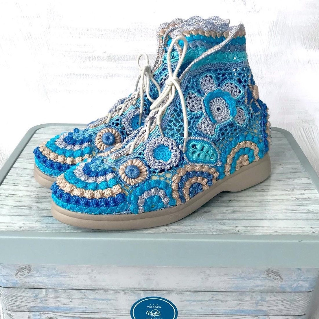 Blue Boots of a Vintage Romantic Style Crocheted With Irish Lace, on a ...