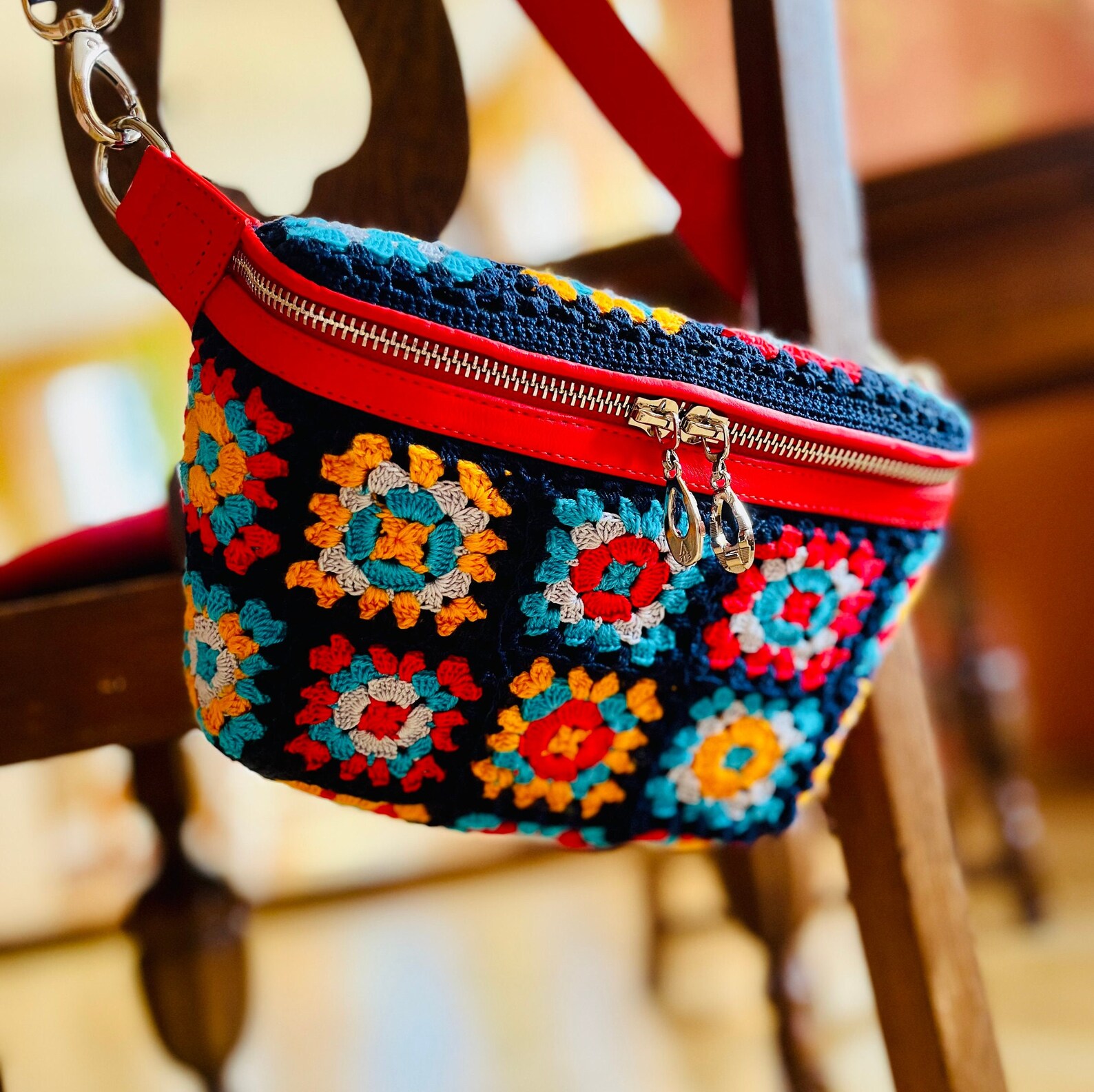 Granny Square Crochet Fanny Pack, Leather Body, Colorful Cotton Yarn - Etsy