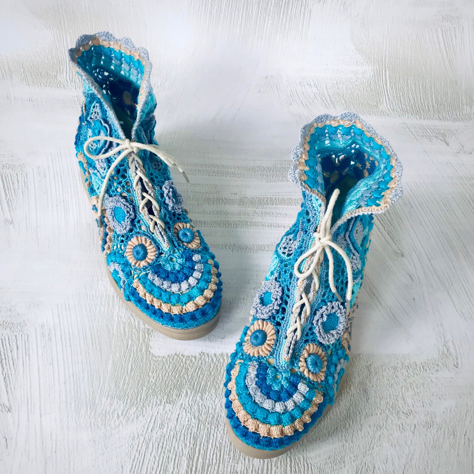 Blue Boots of a Vintage Romantic Style Crocheted With Irish Lace, on a ...