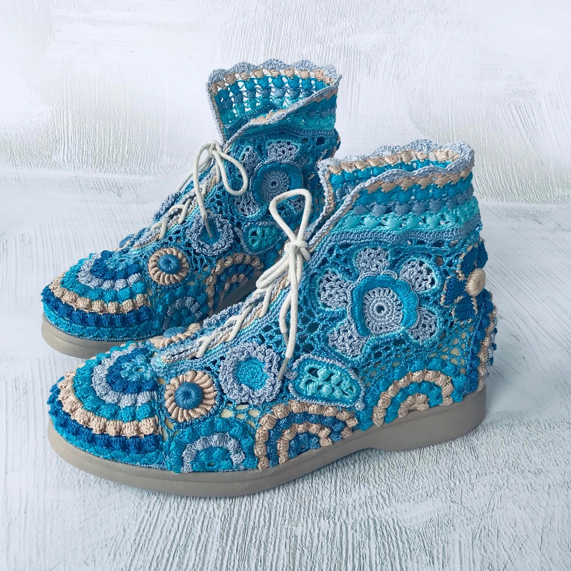 Blue Boots of a Vintage Romantic Style Crocheted With Irish Lace, on a ...