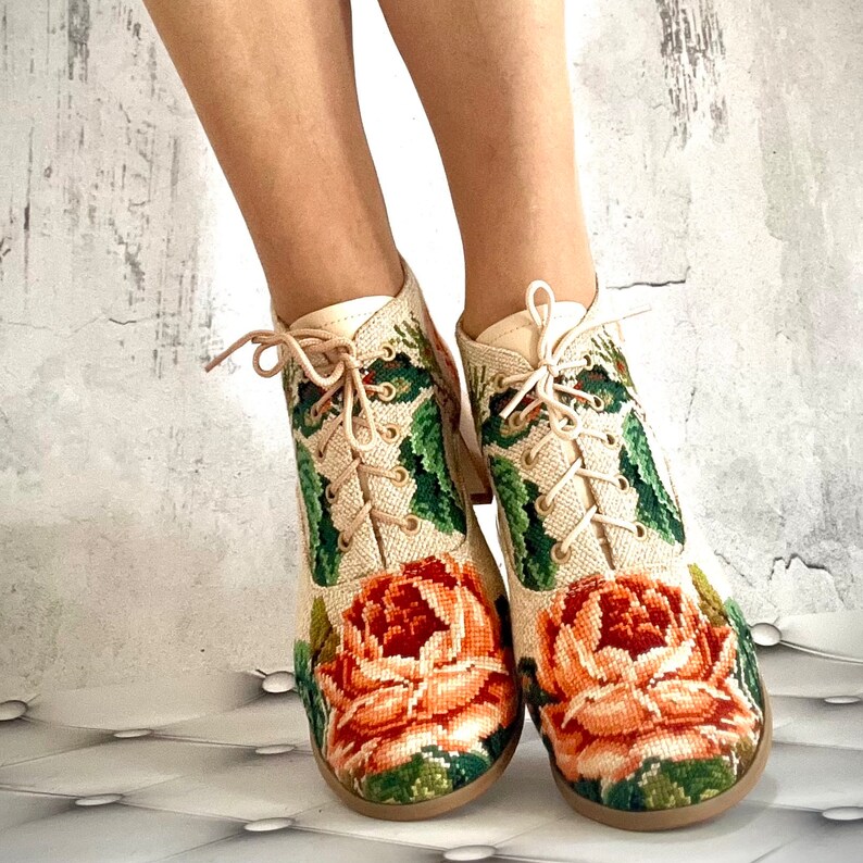 Hand-embroidered Floral Ankle Boots, European Style - Etsy
