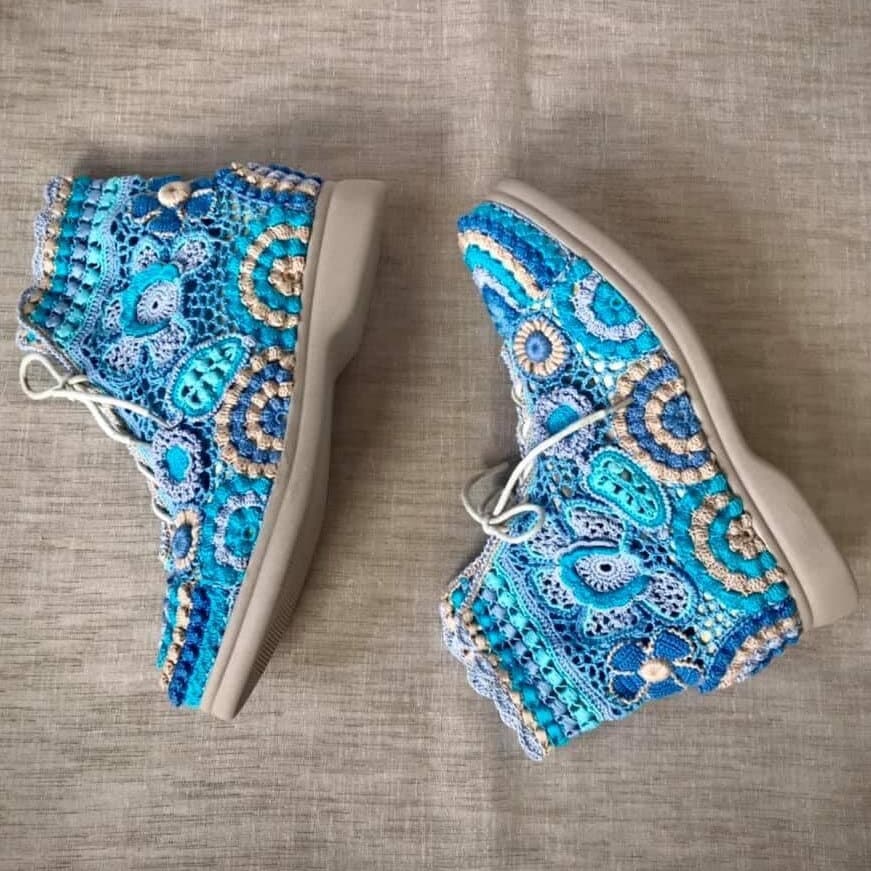 Blue Boots of a Vintage Romantic Style Crocheted With Irish Lace, on a ...
