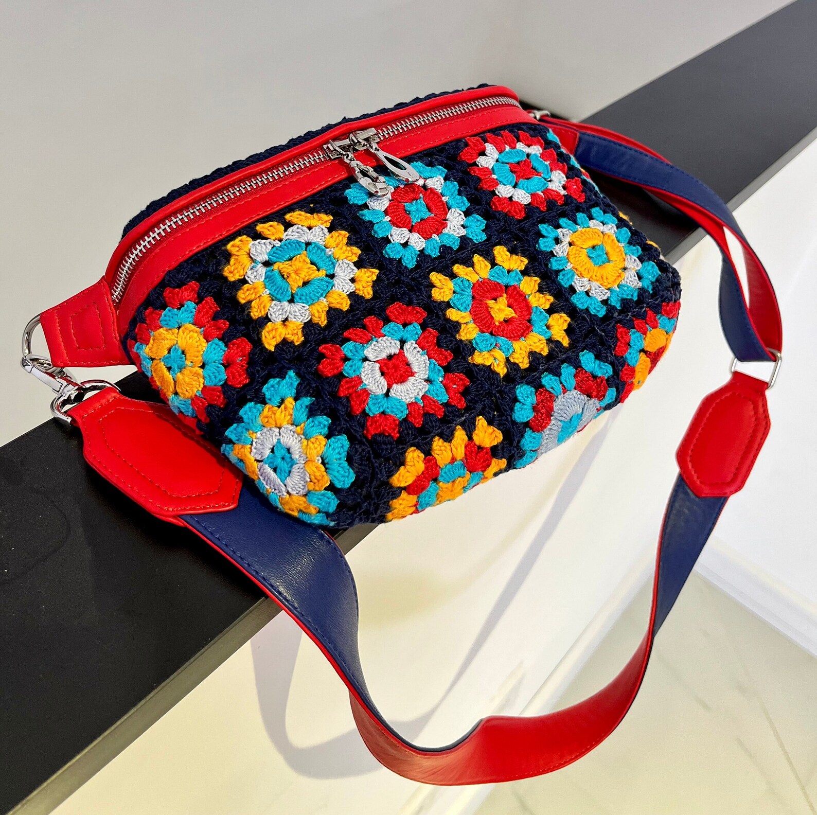 Granny Square Crochet Fanny Pack, Leather Body, Colorful Cotton Yarn - Etsy