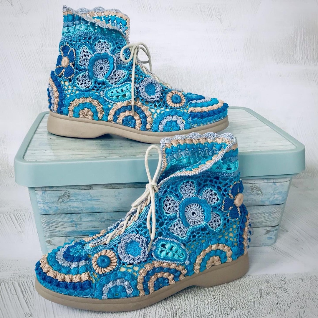 Blue Boots of a Vintage Romantic Style Crocheted With Irish Lace, on a ...