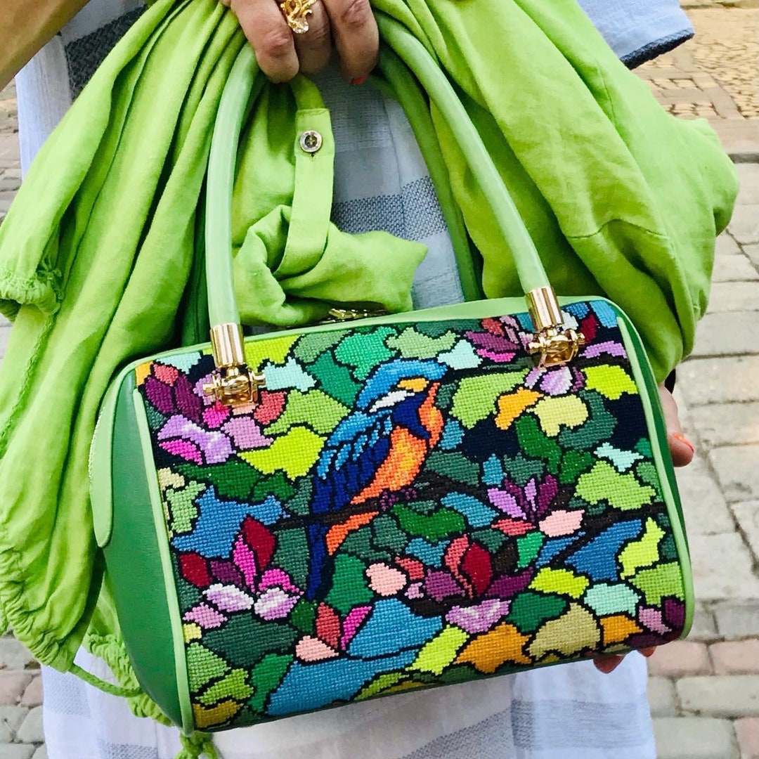 Stained Glass Radiance: Green Leather Handbag With Hand Embroidery and ...