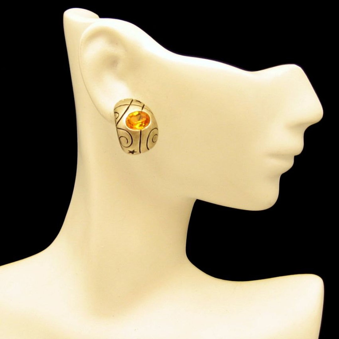 Vintage Post Earrings Curved Gold Plated Engraved Topaz Glass Unique ...