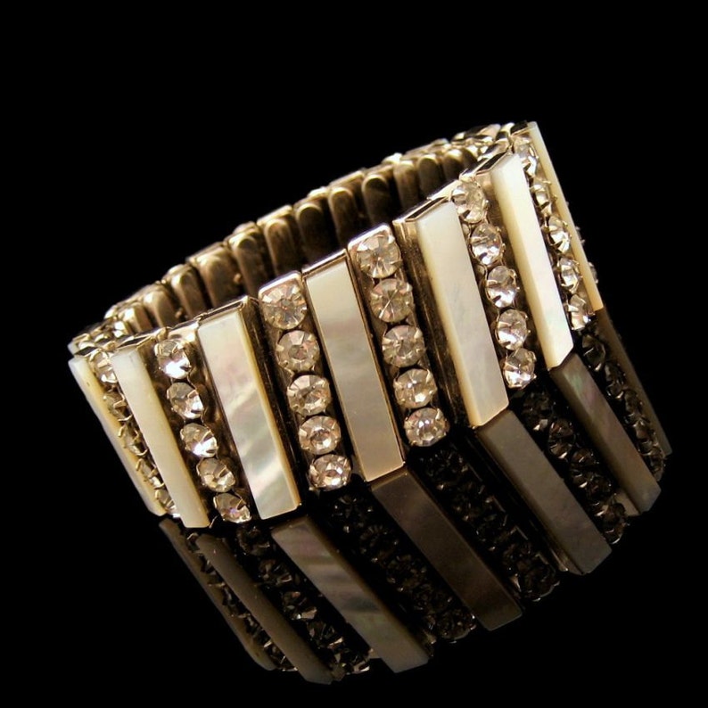 Vintage Expansion Bracelet Mid Century Mother of Pearl Rhinestones ...