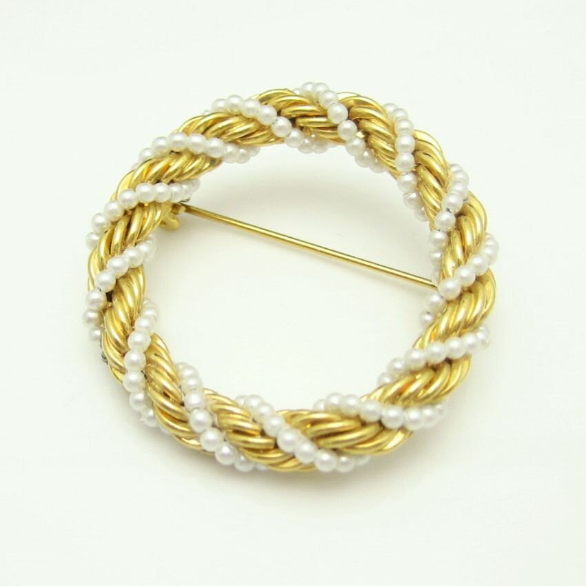 Vintage Circle Brooch Pin Mid Century Classic Faux Pearl Braided ...