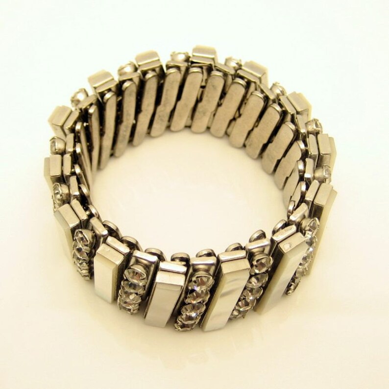 Vintage Expansion Bracelet Mid Century Mother of Pearl Rhinestones ...