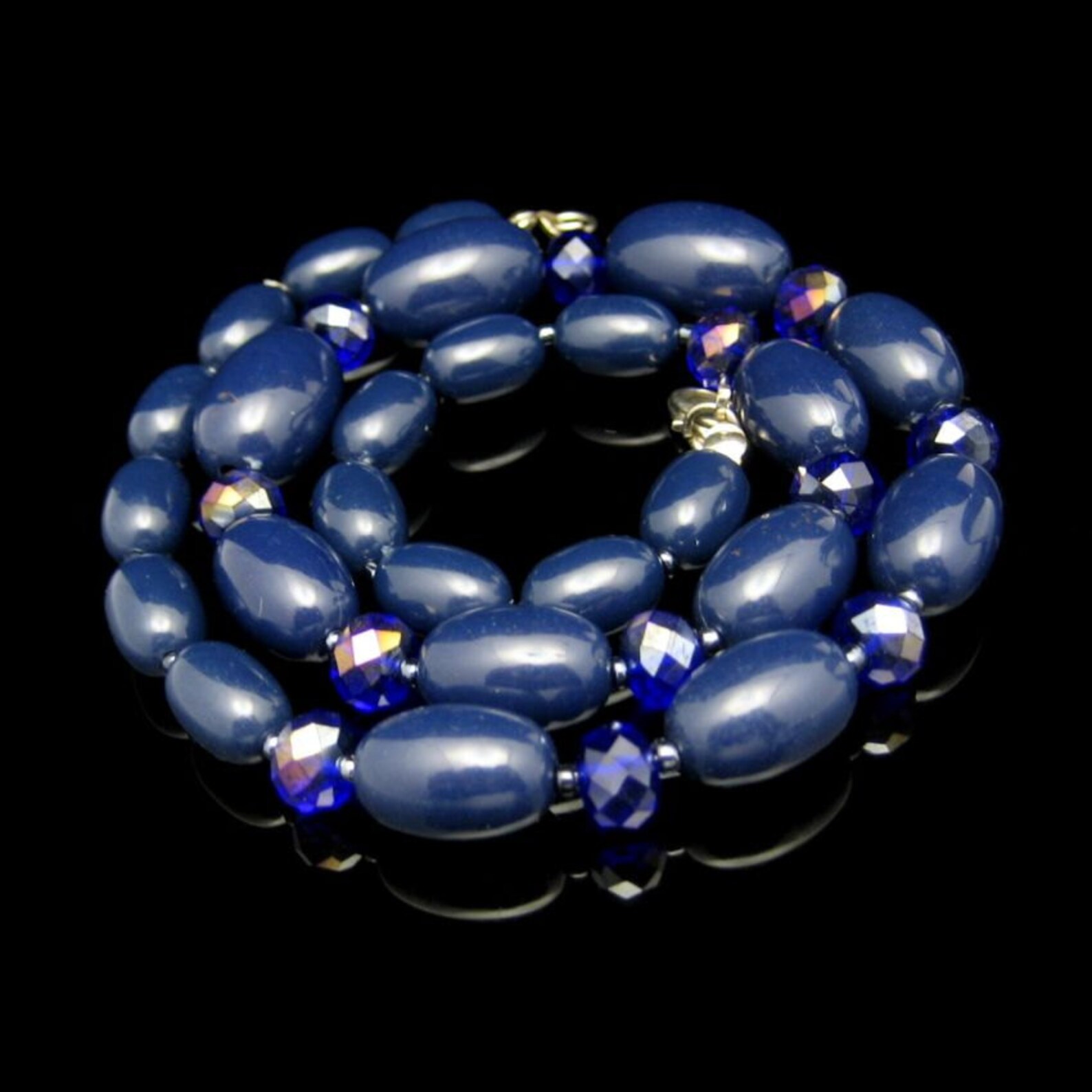 Vintage Crystals Beads Necklace Chunky Navy Blue AB Large Ovals Very ...