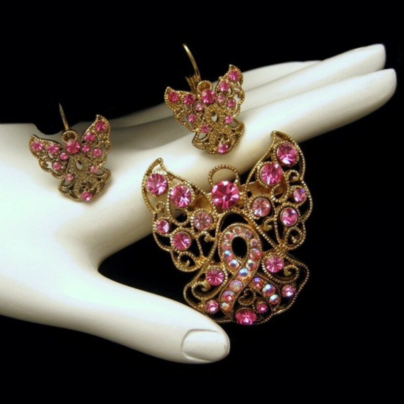 Vintage Filigree Large Angel Pink AB Rhinestones Brooch Pin Earrings ...