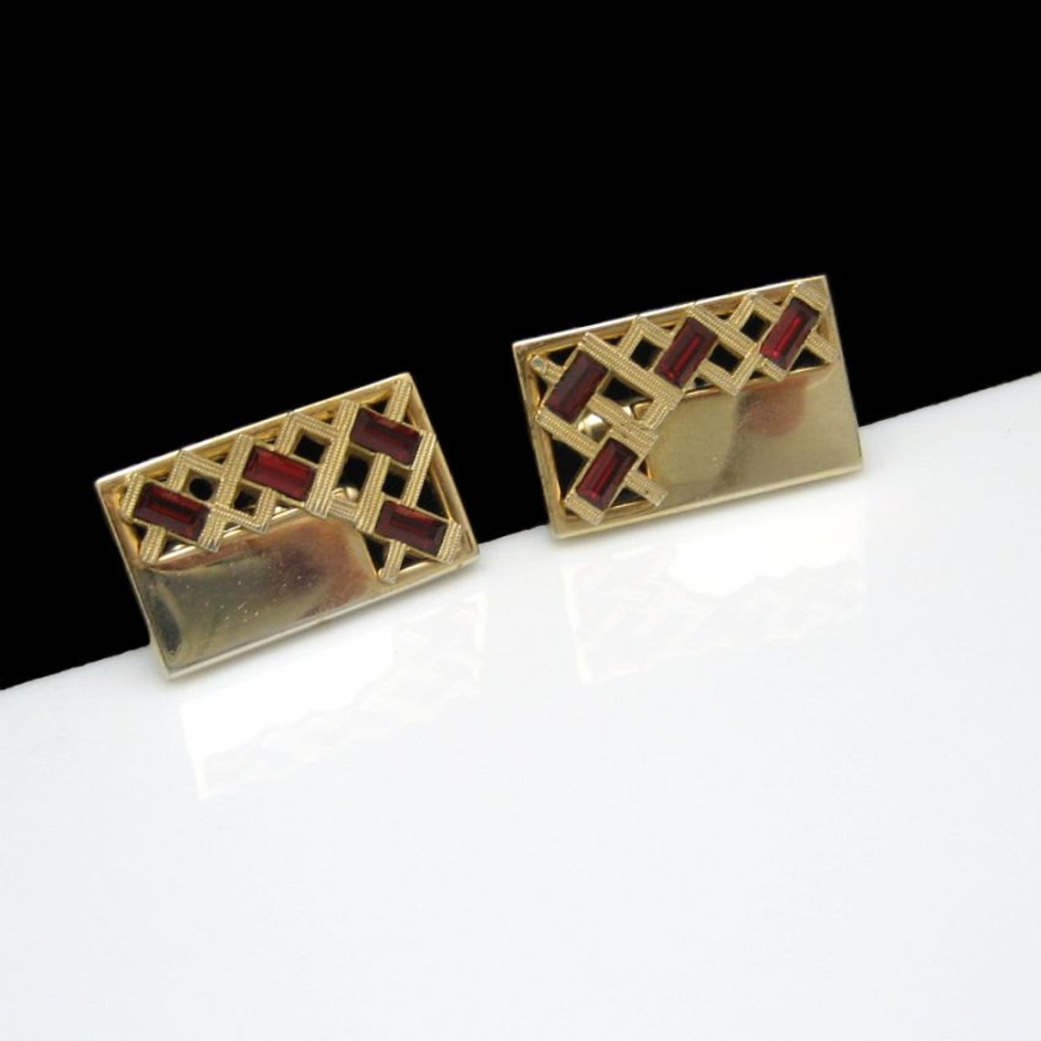 ANSON Vintage Mens Cuff Links Mid Century Red Baguette Rhinestones ...