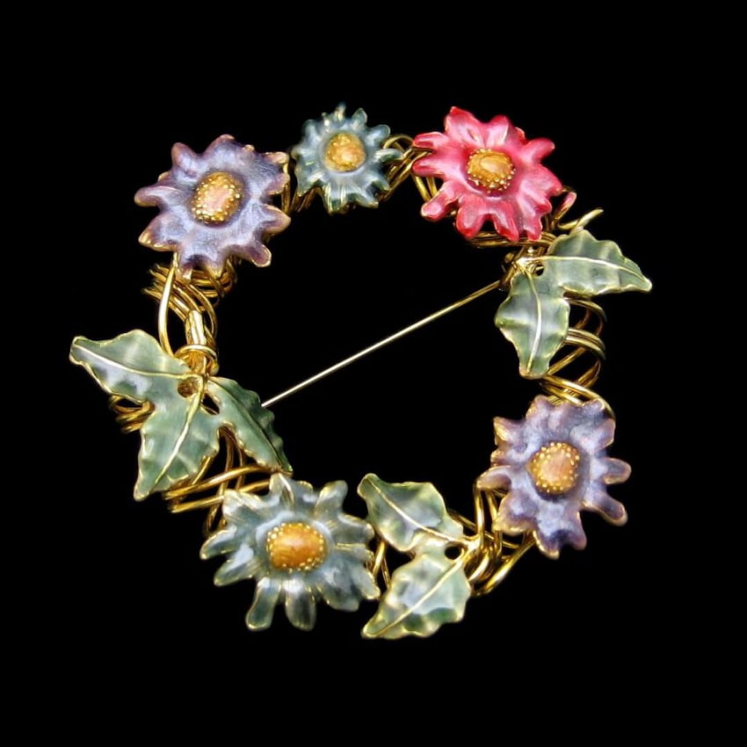 Vintage Wreath Brooch Pin Large Mid Century Colored Enamel Flowers ...