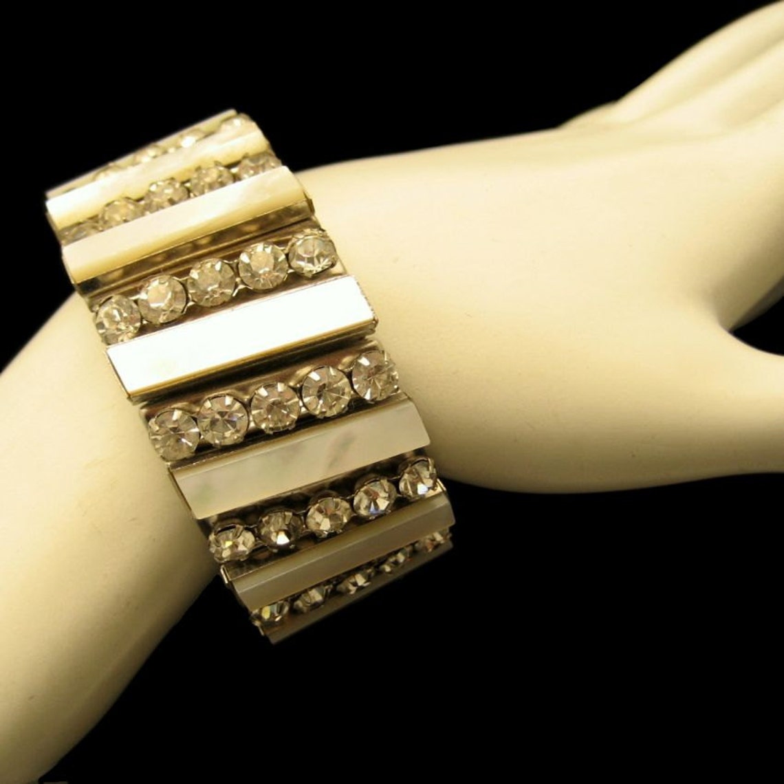 Vintage Expansion Bracelet Mid Century Mother of Pearl Rhinestones ...